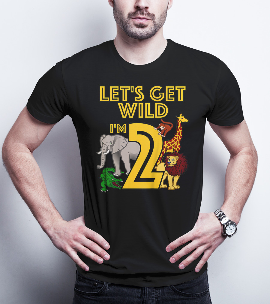 Let's Get Wild I'm 2 Elephant Giraffe Lion Crocodile Birthday Safari Jungle Kids 2 Year Old Zoo T-Shirt