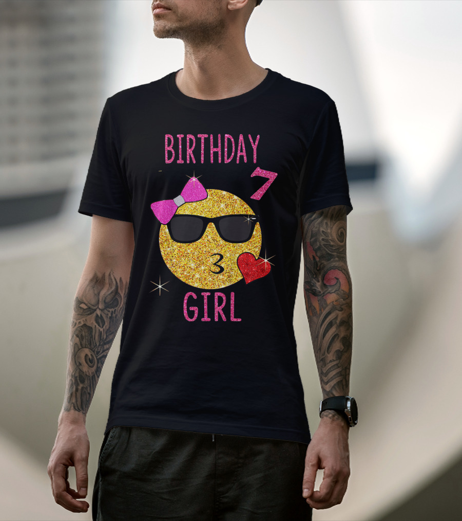 Birthday 7 Girl 7 Years Old Emoji Wearing Sunglasses Bow Heart T-Shirt