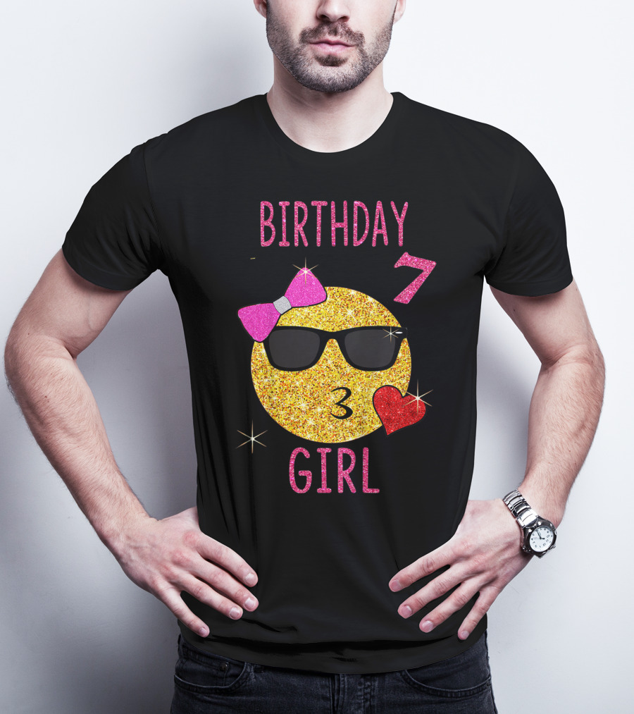 Birthday 7 Girl 7 Years Old Emoji Wearing Sunglasses Bow Heart T-Shirt