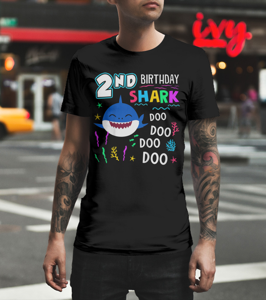 2nd Birthday Shark Doo Doo Doo Kids Happy 2 Years Old T-Shirt
