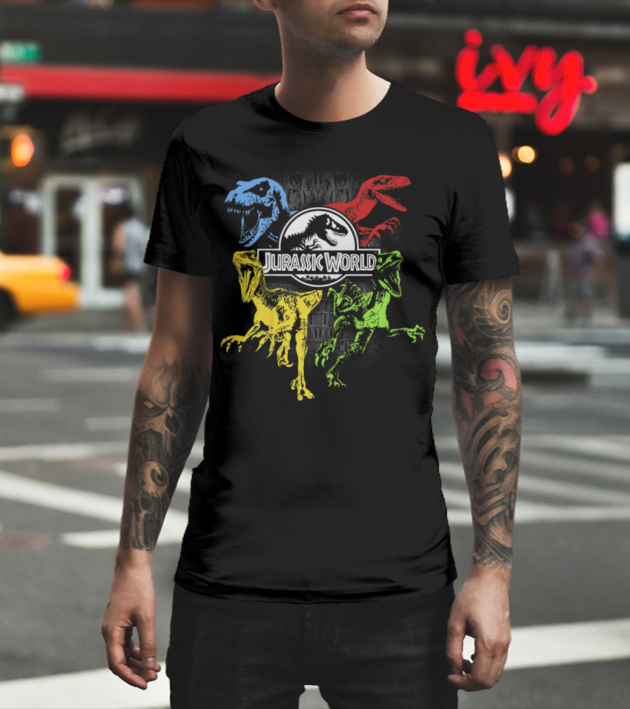 Jurassic World Raptors In Primary Colors Red Blue Yellow Green T-Shirt