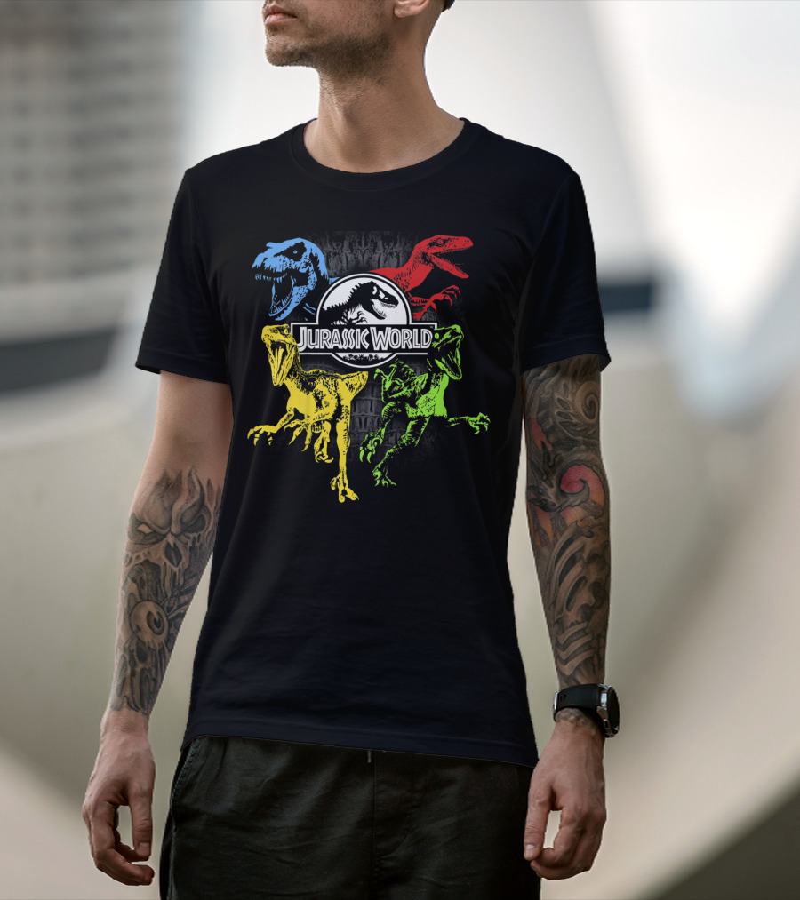 Jurassic World Raptors In Primary Colors Red Blue Yellow Green T-Shirt