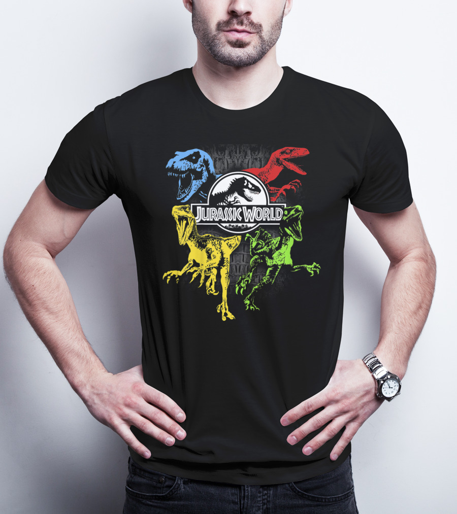 Jurassic World Raptors In Primary Colors Red Blue Yellow Green T-Shirt