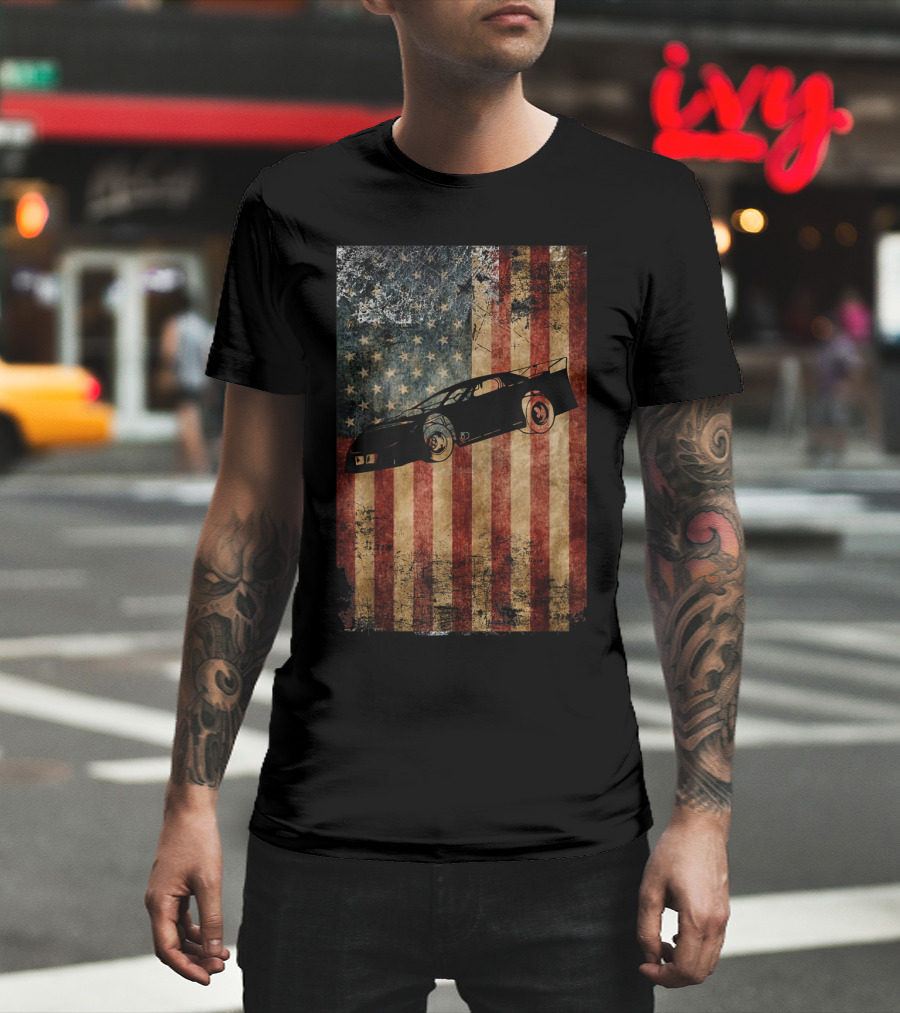 Late Model Dirt Track Racing Distressed American Flag Car T-Shirt