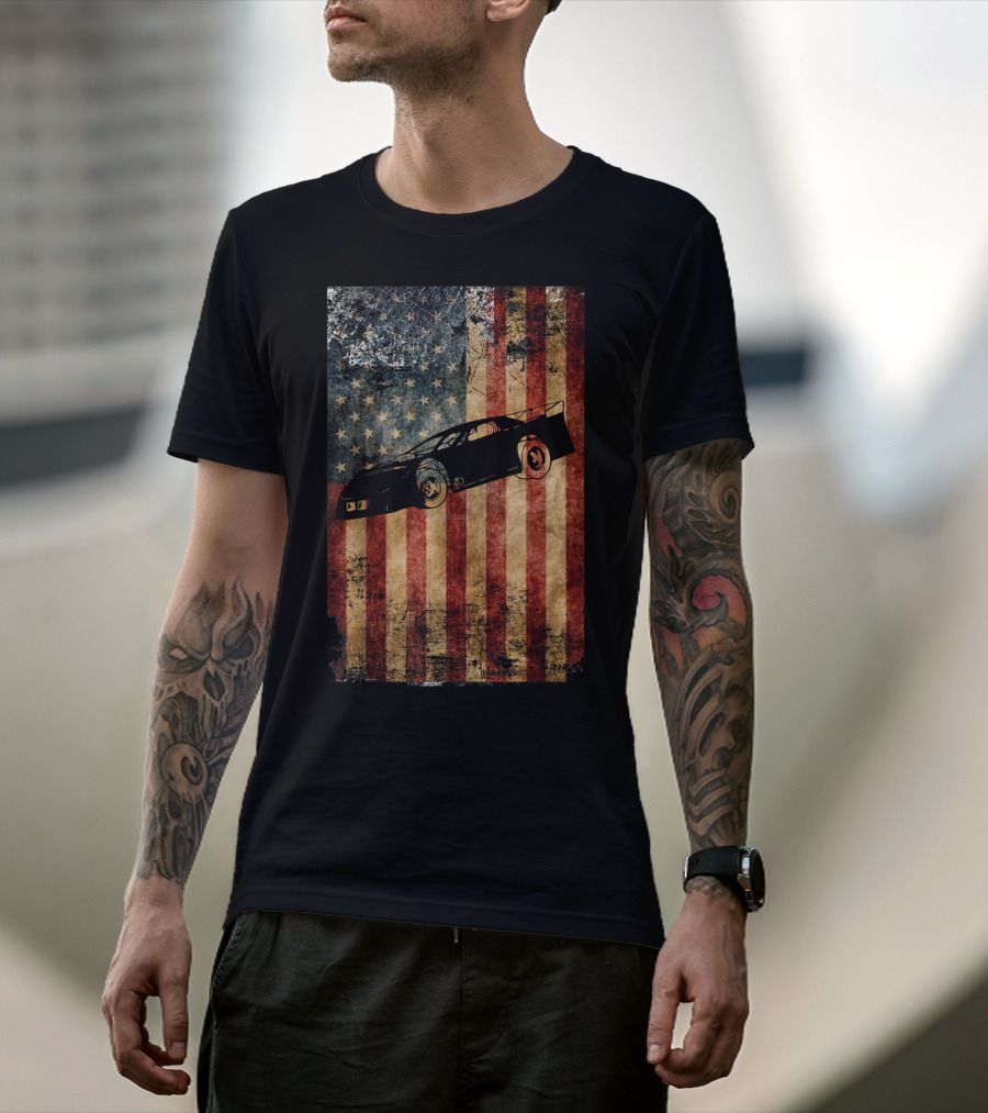 Late Model Dirt Track Racing Distressed American Flag Car T-Shirt