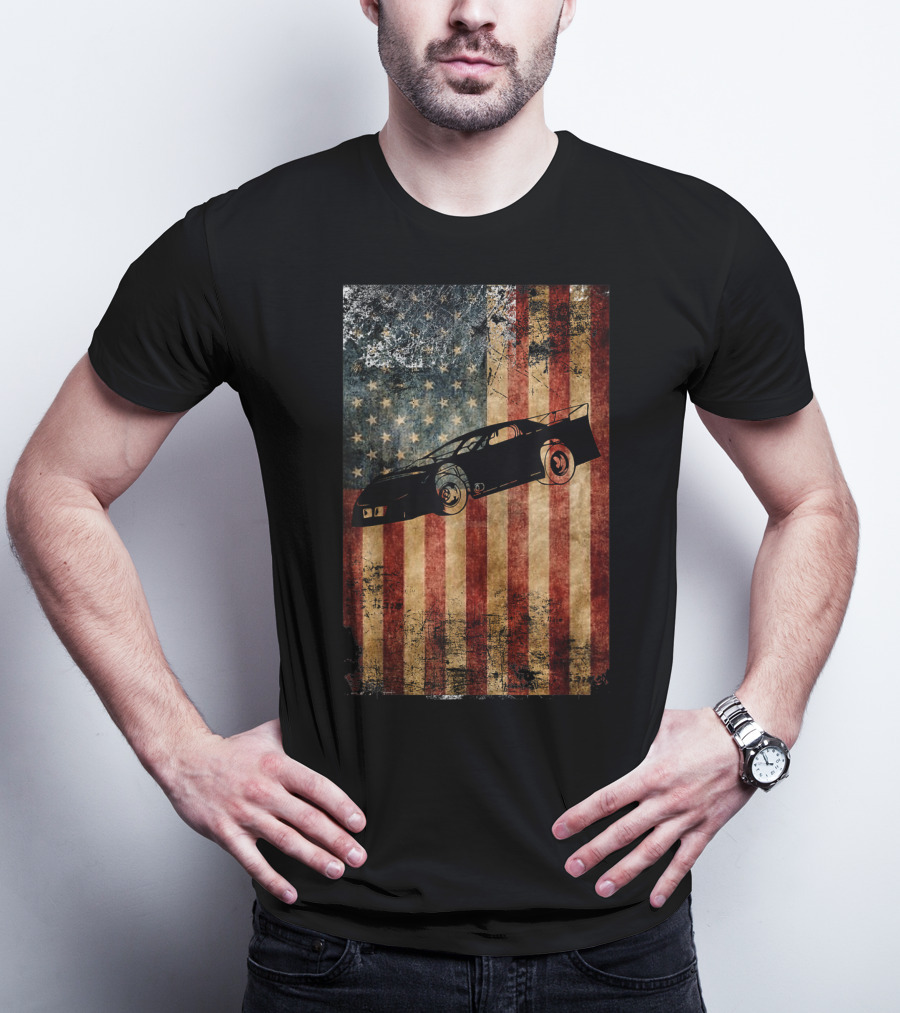 Late Model Dirt Track Racing Distressed American Flag Car T-Shirt