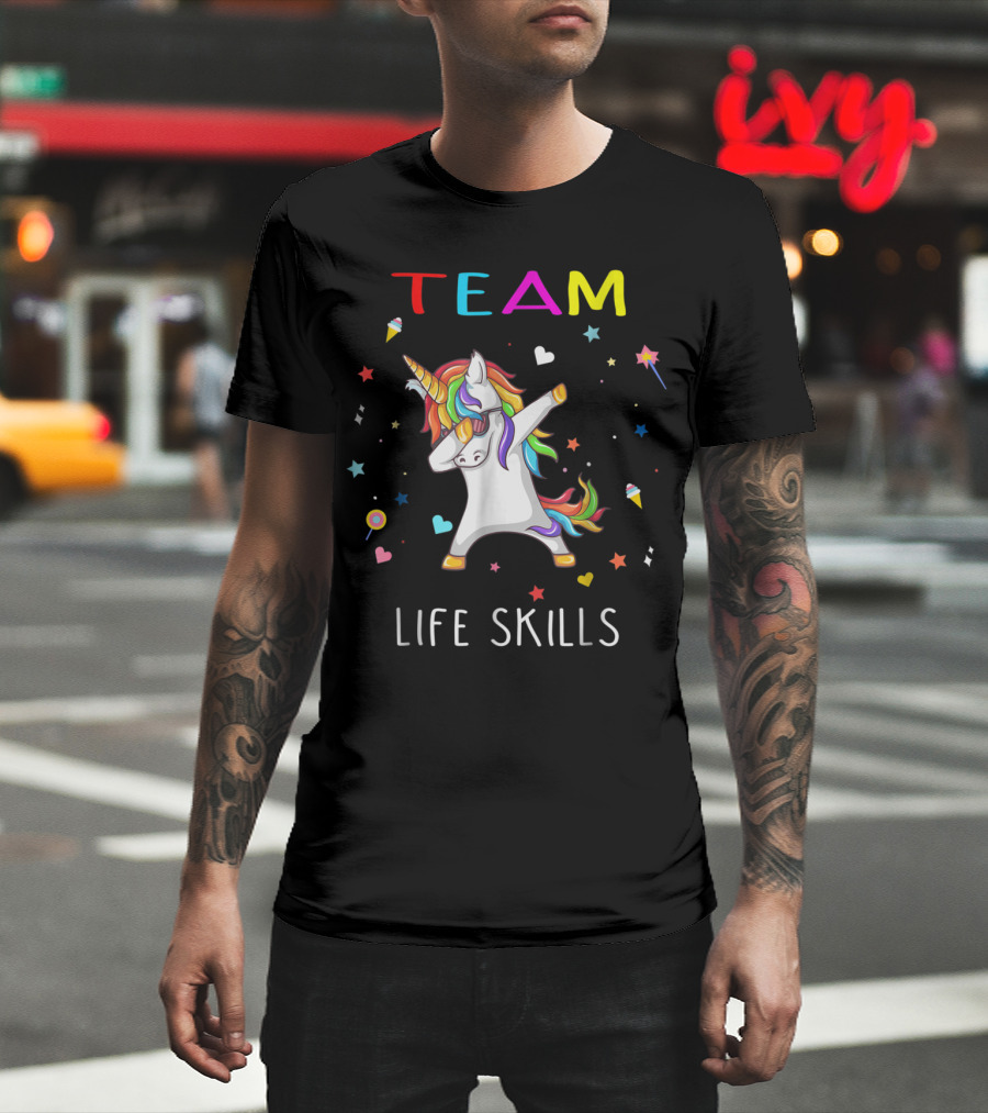 TEAM LIFE SKILLS Unicorn Dabbing Stars And Hearts T-Shirt