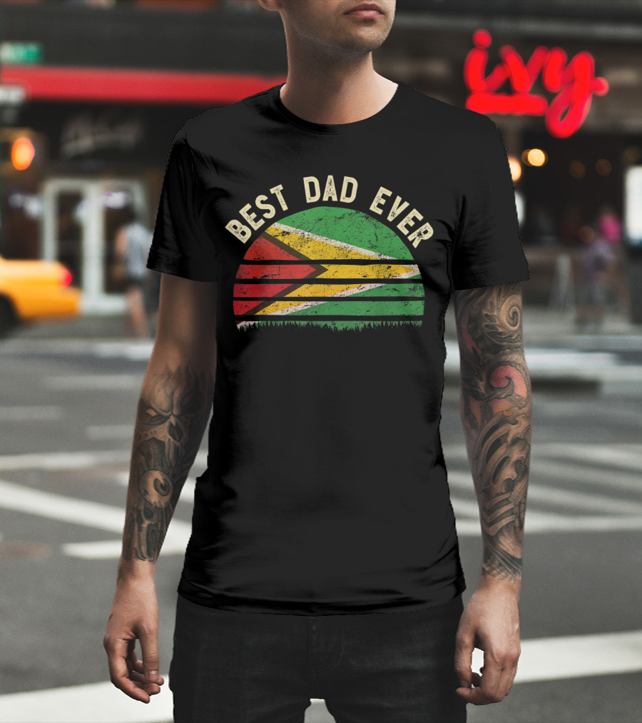 Best Dad Ever Guyana Vintage Flag Round T-Shirt