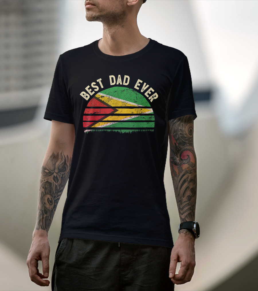 Best Dad Ever Guyana Vintage Flag Round T-Shirt