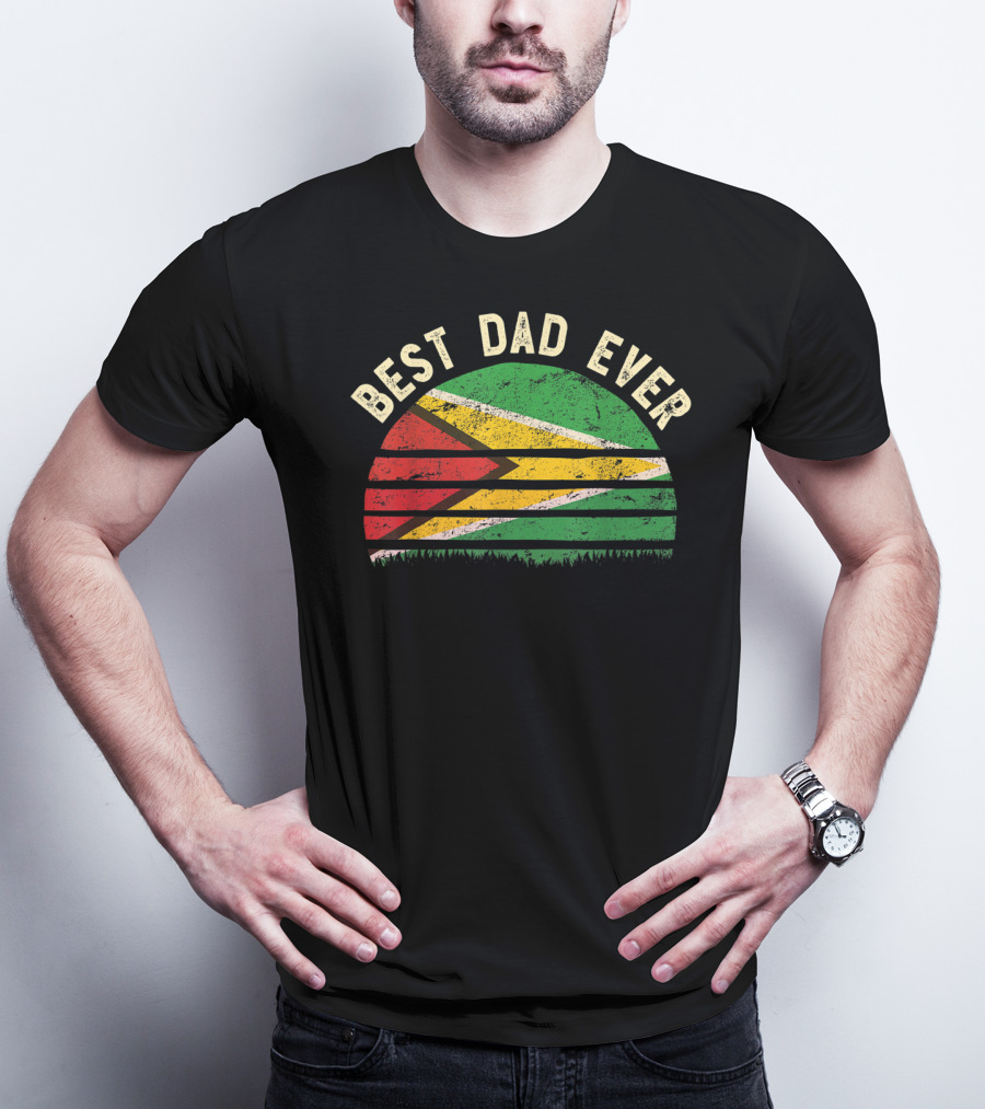 Best Dad Ever Guyana Vintage Flag Round T-Shirt