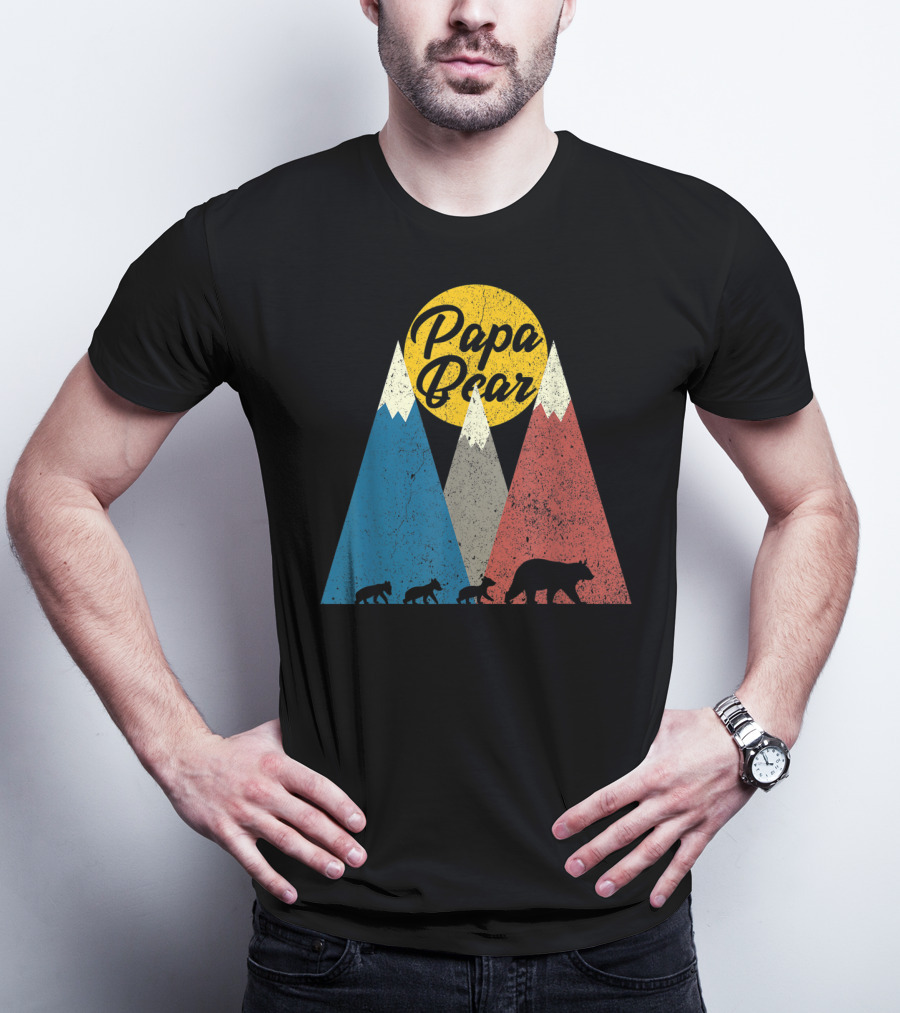 Papa Bear Three Cubs Mountains Retro Triplet Dad T-Shirt