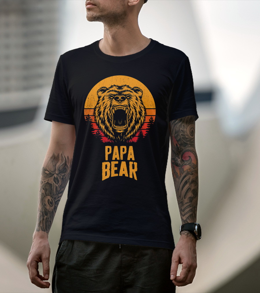 Papa Bear Father's Day Sunset Roaring Bear Forest Scene T-Shirt