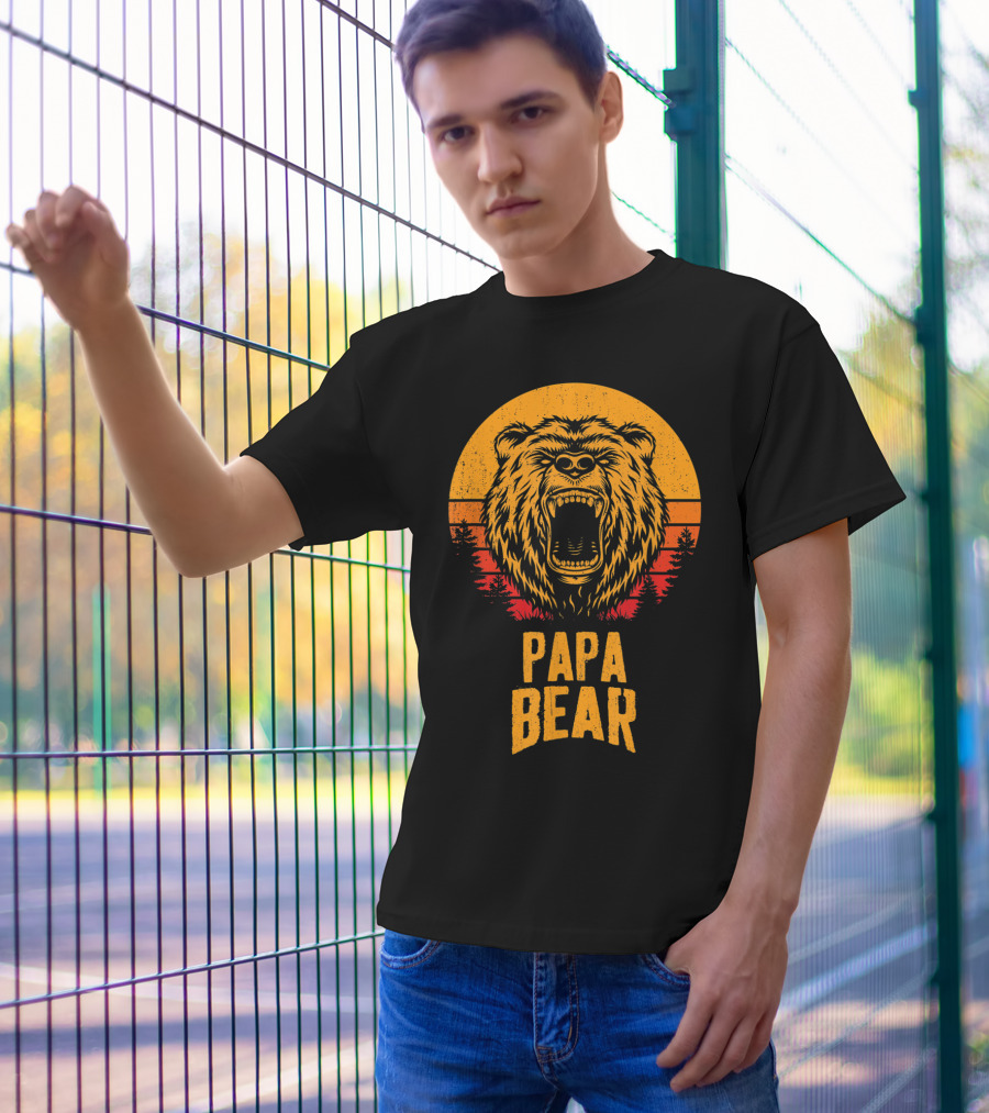 Papa Bear Father's Day Sunset Roaring Bear Forest Scene T-Shirt
