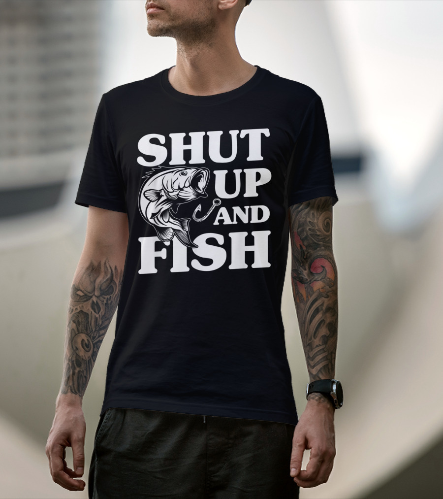 Shut Up And Fish Mens Angler Fisherman Ocean Fishy T-Shirt