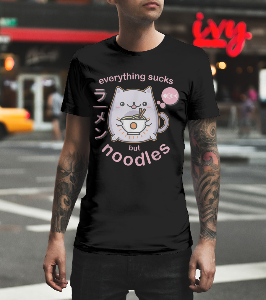 Everything Sucks But Noodles Pastel Goth Ramen Cat Anime Kawaii T-Shirt