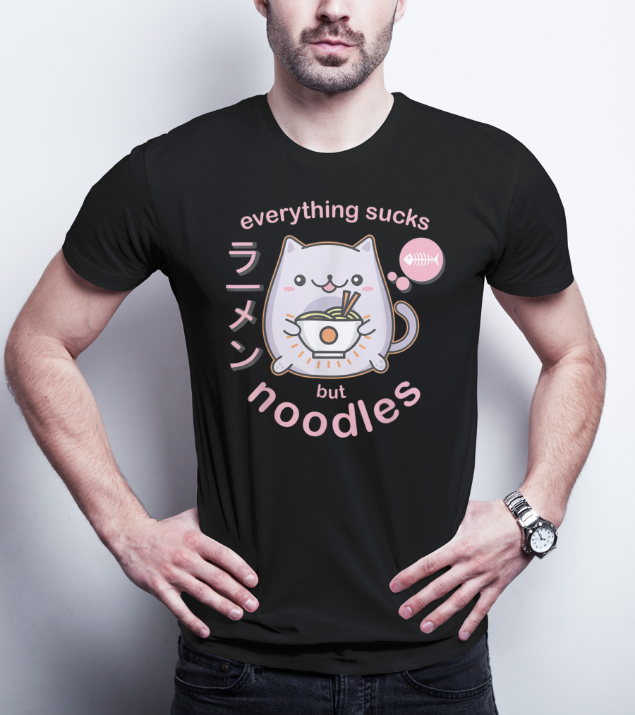Everything Sucks But Noodles Pastel Goth Ramen Cat Anime Kawaii T-Shirt