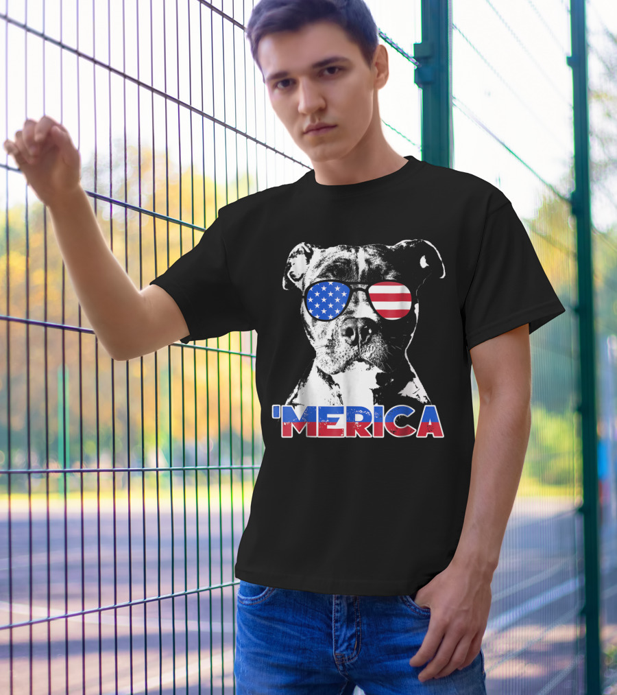 Patriot Pitbull 'Merica With American Flag Sunglasses T-Shirt