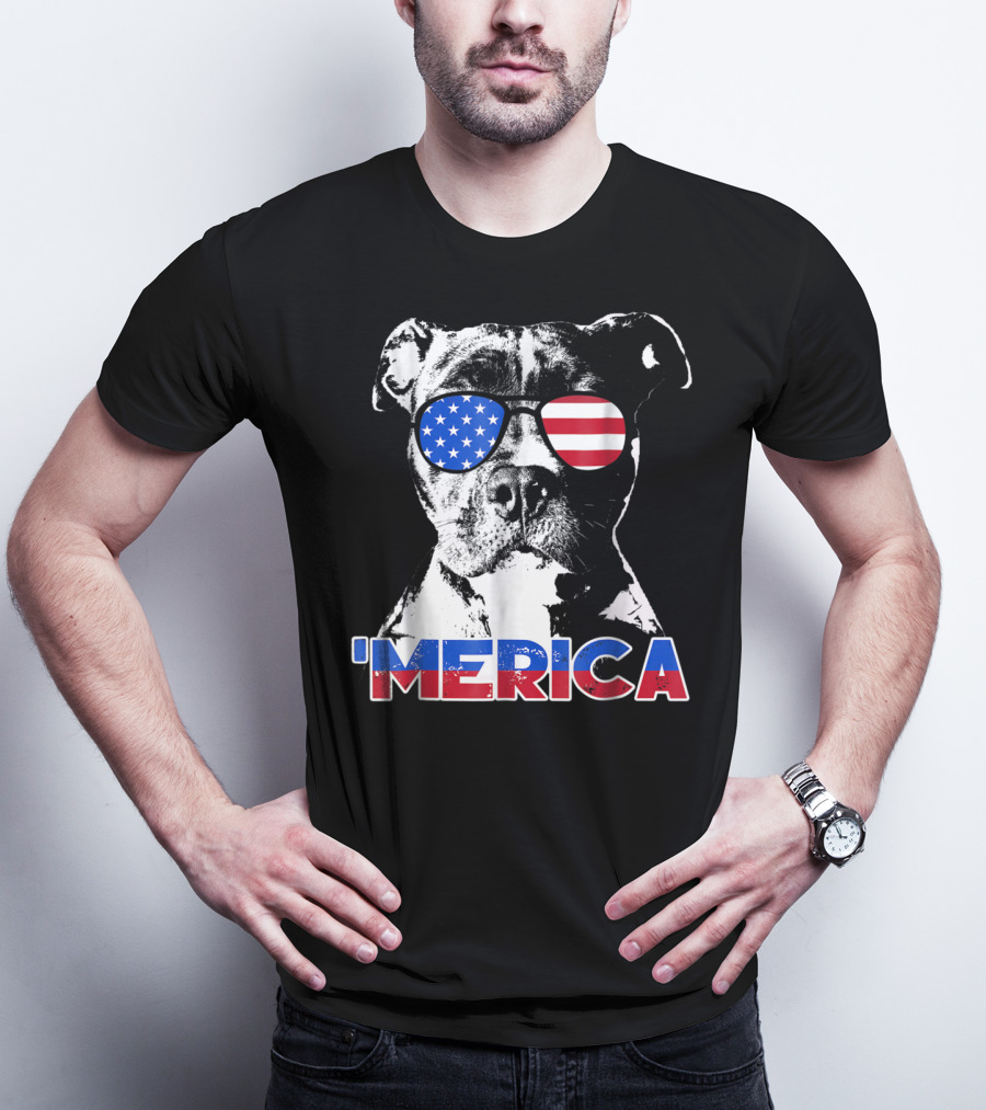 Patriot Pitbull 'Merica With American Flag Sunglasses T-Shirt