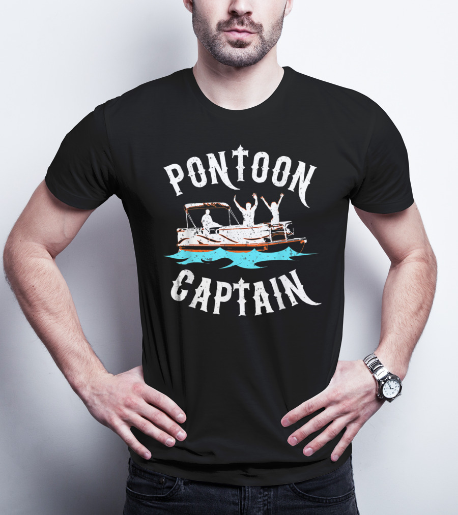 Pontoon Captain Funny Boat Boating Lake With People On Water T-Shirt