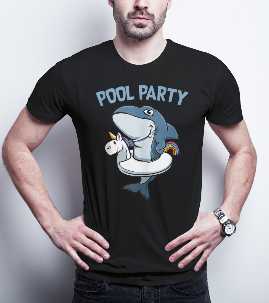Pool Party Shark With Unicorn Float Rainbow Funny Summer Beach T-Shirt