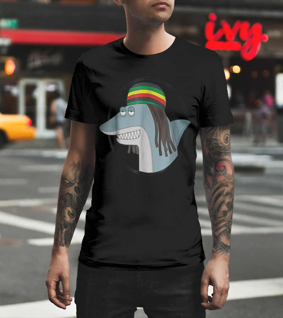 Reggae Shark With Rasta Hat And Dreadlocks T-Shirt