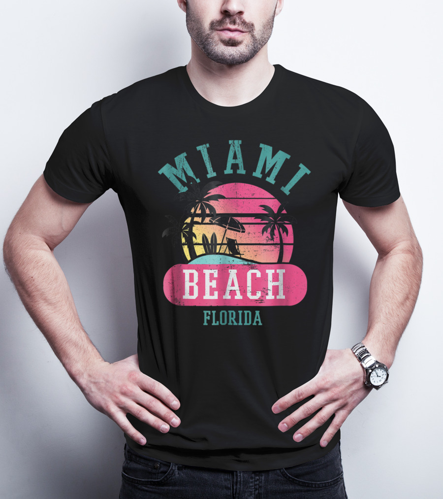 Miami Beach Florida Retro Cool Sun And Palm Trees T-Shirt