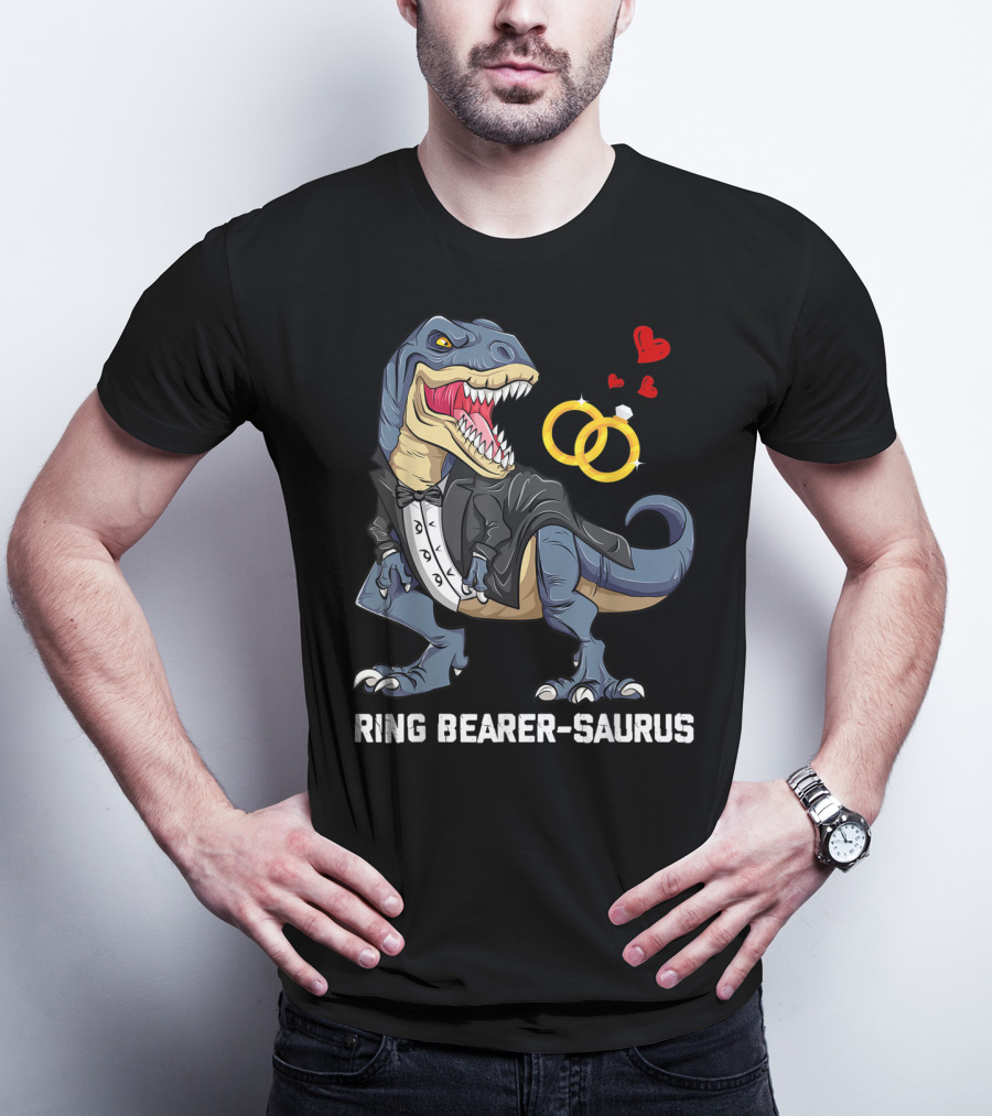 Rex Dinosaur Ring Bearer Saurus In Tuxedo With Wedding Rings And Hearts T-Shirt