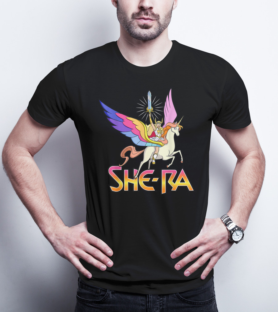She Ra Riding A Winged Unicorn Holding Sword Of Protection T-Shirt