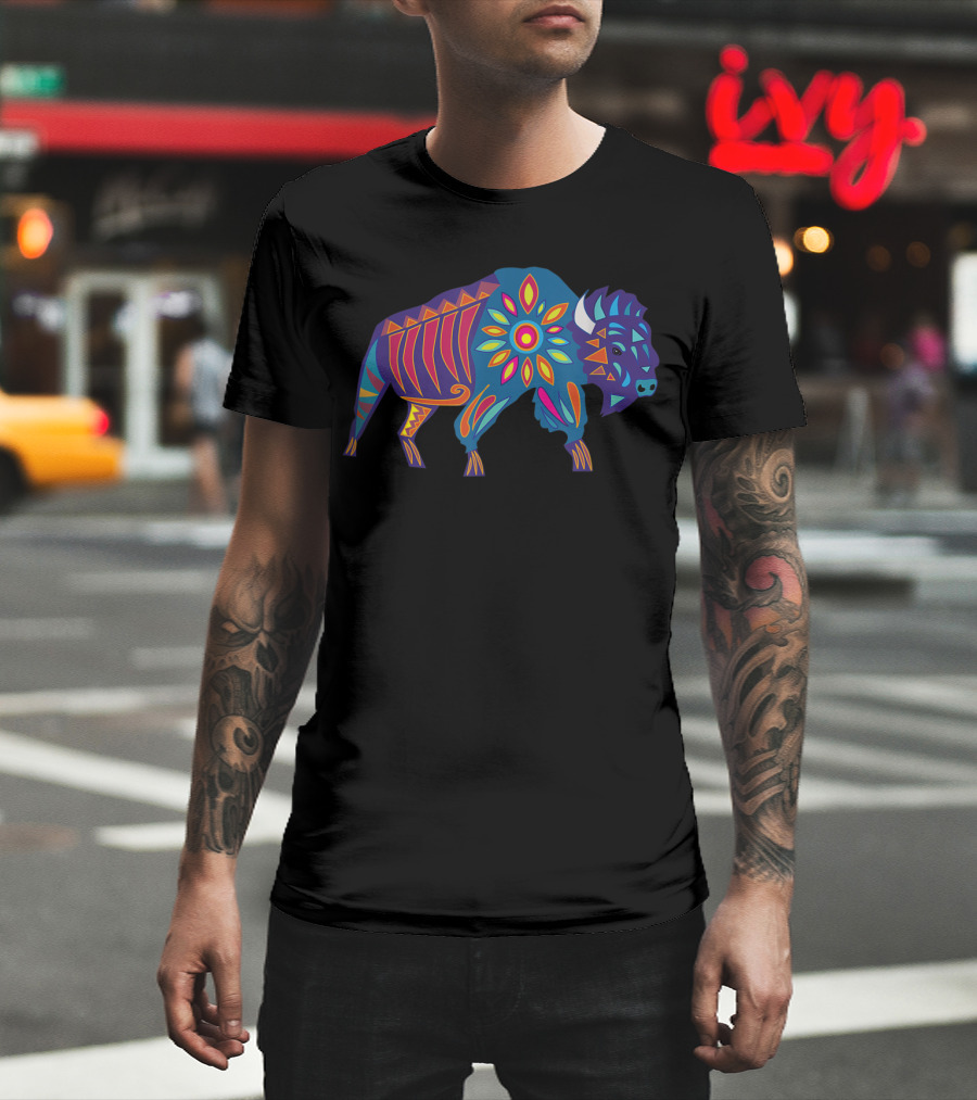 Vibrant Sunflower Buffalo In Colorful Geometric T-Shirt