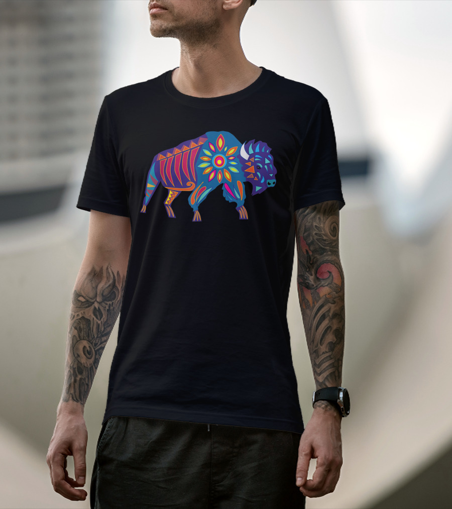 Vibrant Sunflower Buffalo In Colorful Geometric T-Shirt