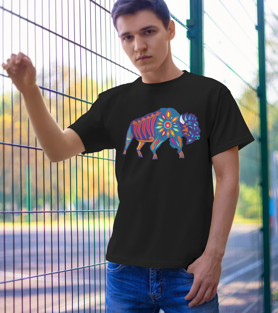 Vibrant Sunflower Buffalo In Colorful Geometric T-Shirt
