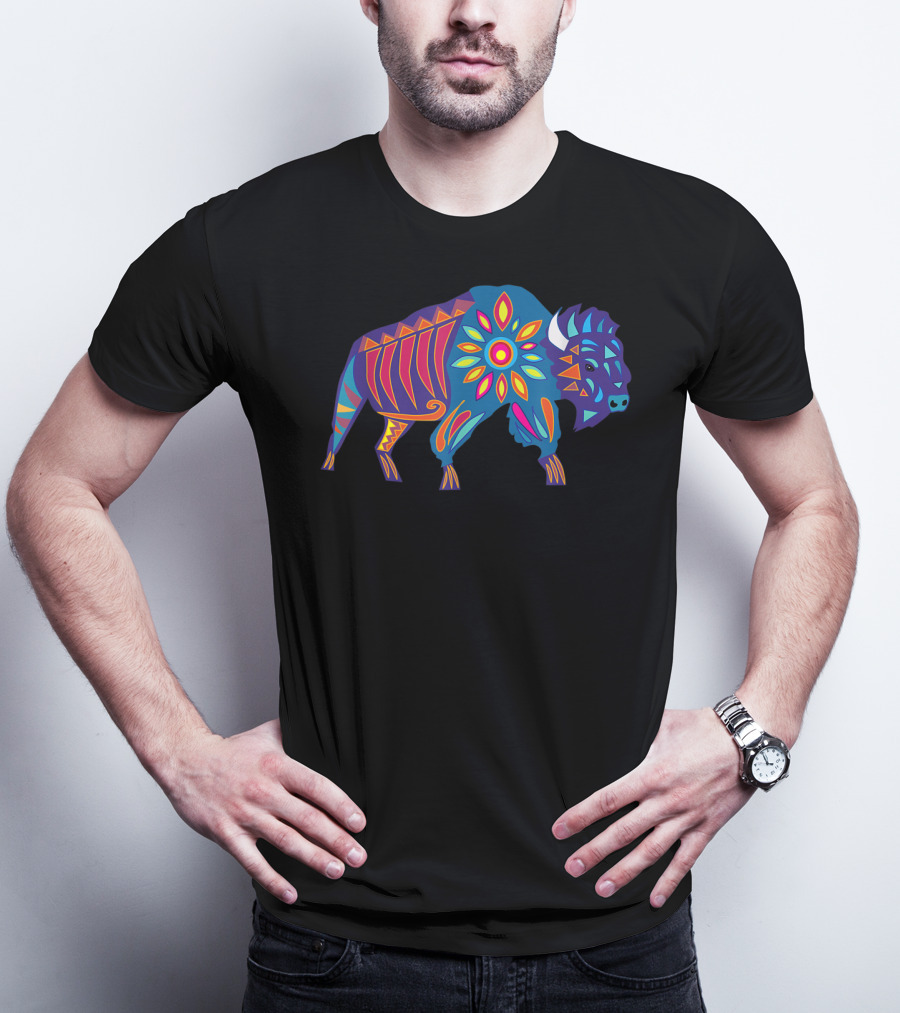 Vibrant Sunflower Buffalo In Colorful Geometric T-Shirt