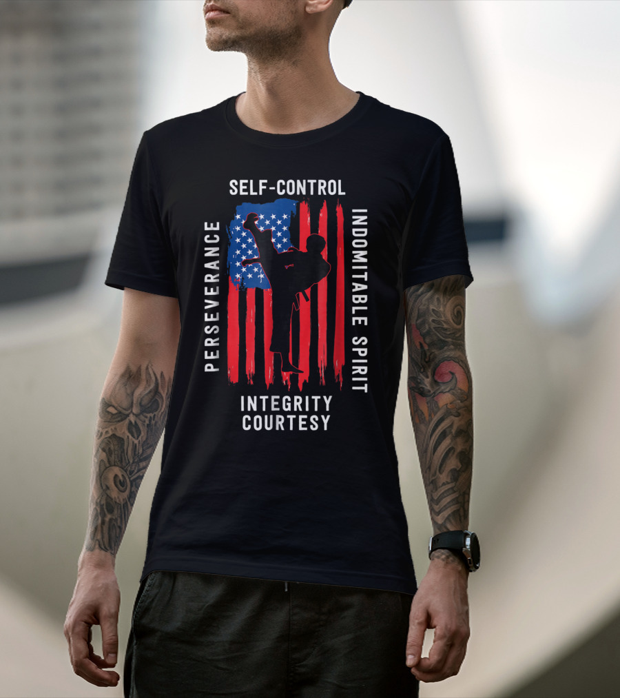 Taekwondo USA Flag Perseverance Courtesy Integrity Self-Control Indomitable Spirit T-Shirt