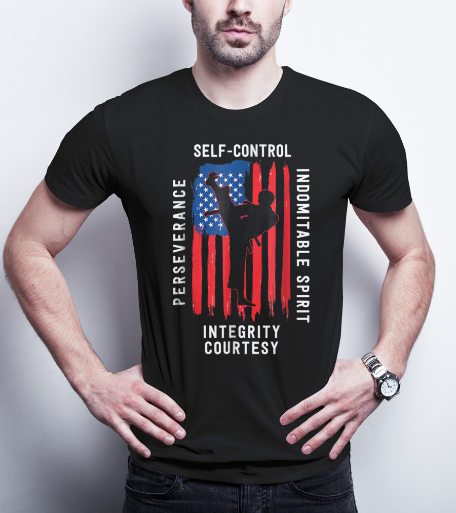 Taekwondo USA Flag Perseverance Courtesy Integrity Self-Control Indomitable Spirit T-Shirt