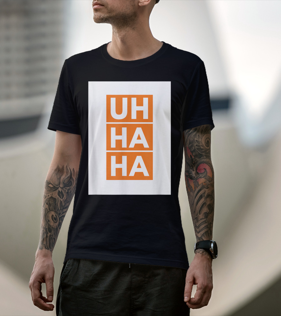 UH HA HA Bold White Letters On Orange Blocks T-Shirt