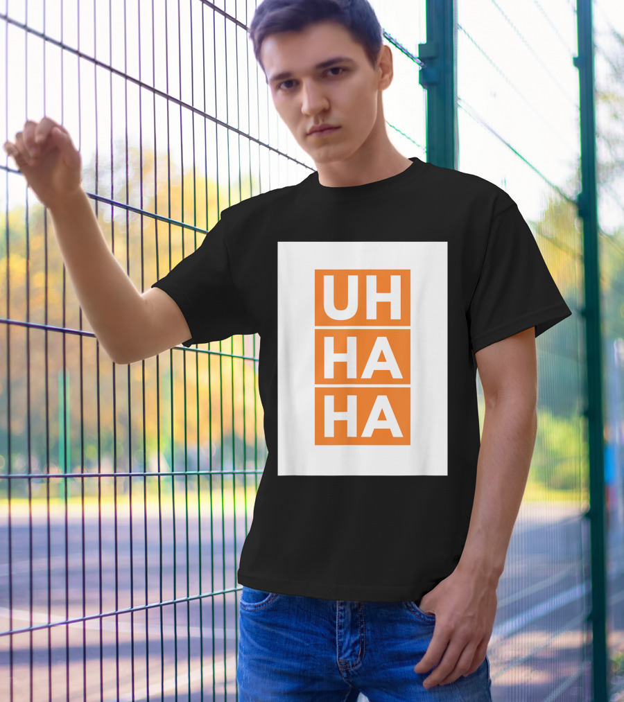 UH HA HA Bold White Letters On Orange Blocks T-Shirt