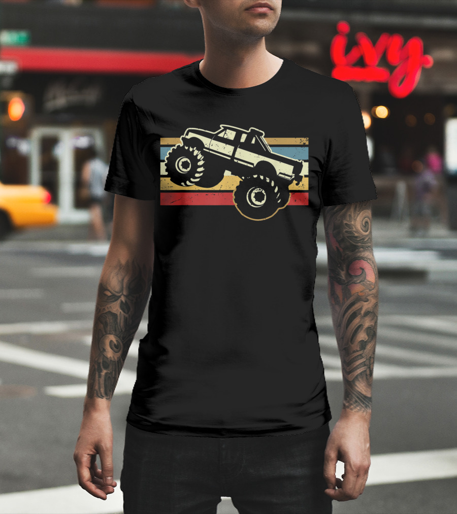 Vintage Monster Truck Retro Stripes Men Boy T-Shirt
