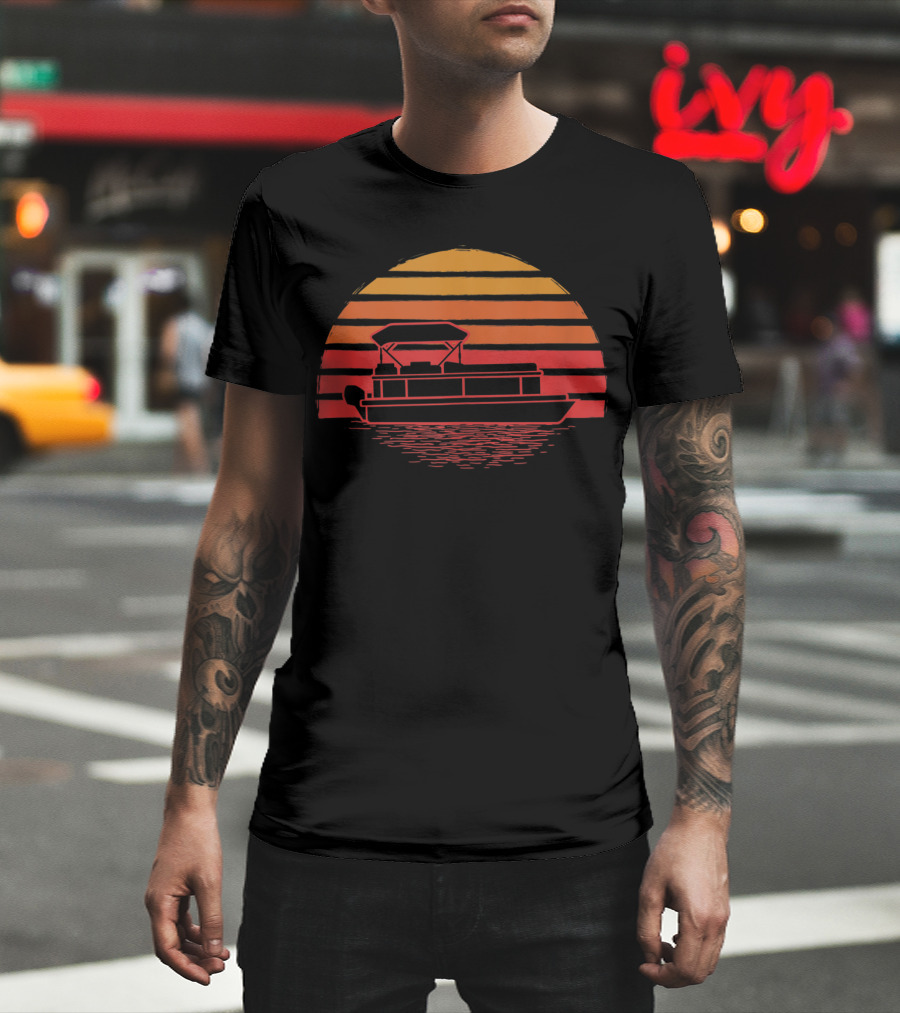 Vintage Sunset Pontoon Boat Silhouette Funny Boating T-Shirt