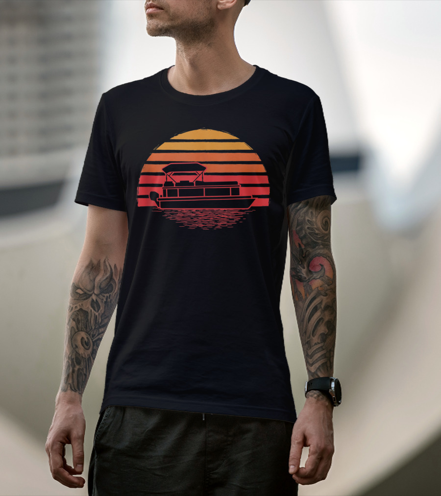 Vintage Sunset Pontoon Boat Silhouette Funny Boating T-Shirt
