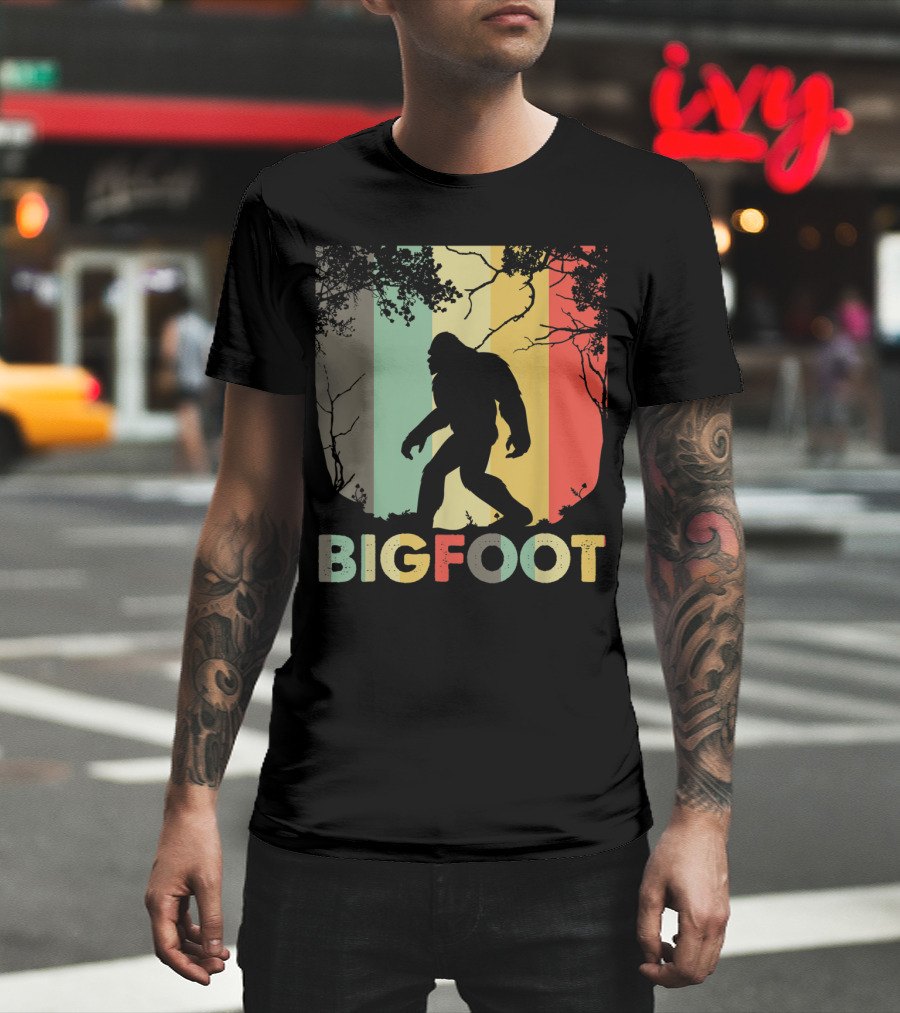 Bigfoot Silhouette Retro Forest Stripes T-Shirt