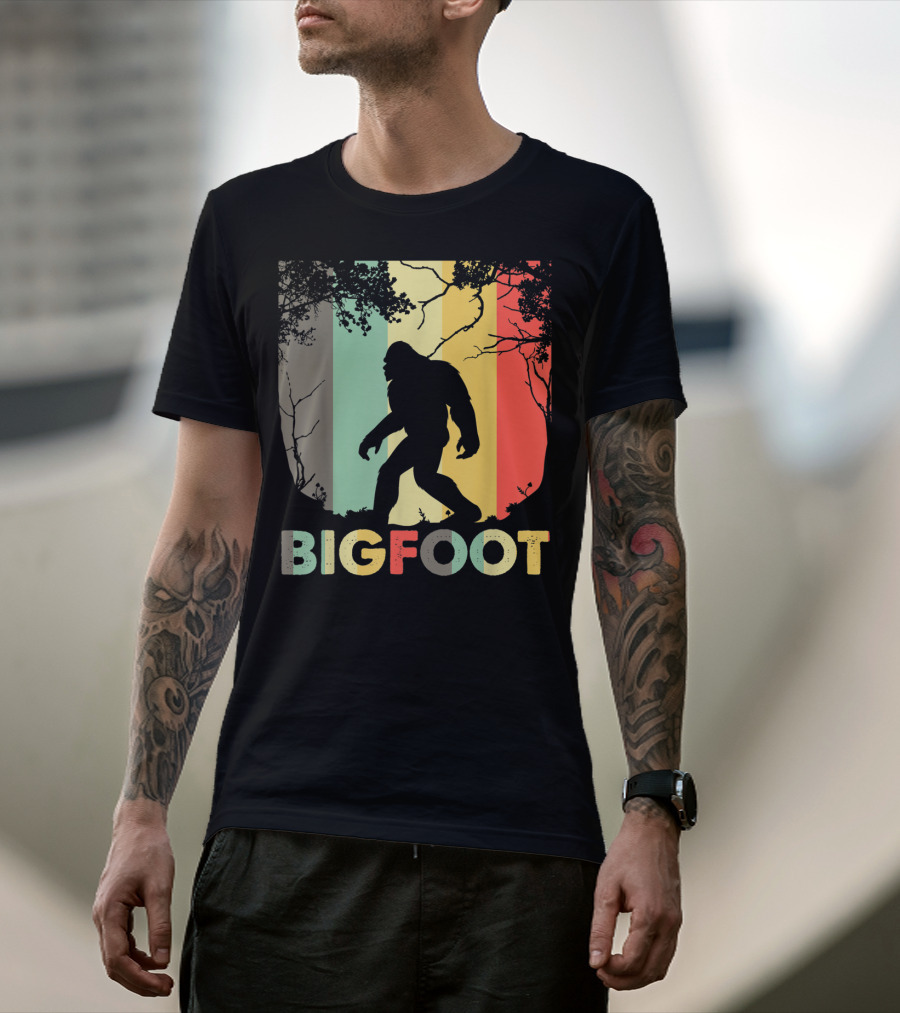 Bigfoot Silhouette Retro Forest Stripes T-Shirt
