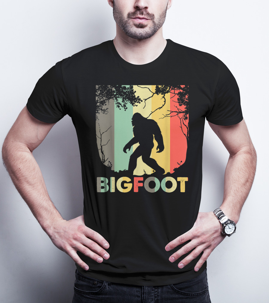 Bigfoot Silhouette Retro Forest Stripes T-Shirt