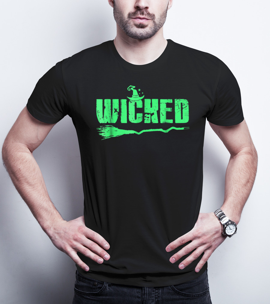 Wicked Green Witch Hat Broomstick Halloween Magic T-Shirt