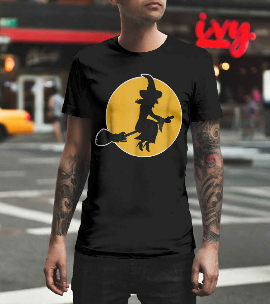 Witch Silhouette Flying Over Yellow Moon T-Shirt