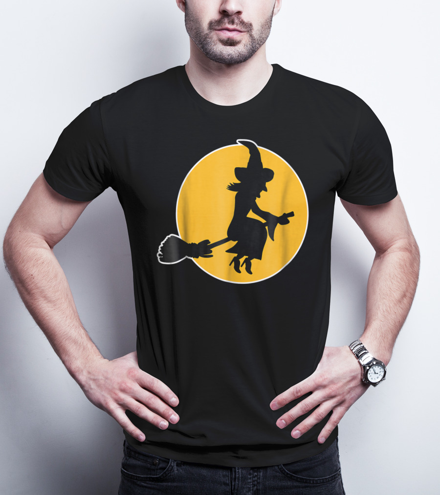 Witch Silhouette Flying Over Yellow Moon T-Shirt