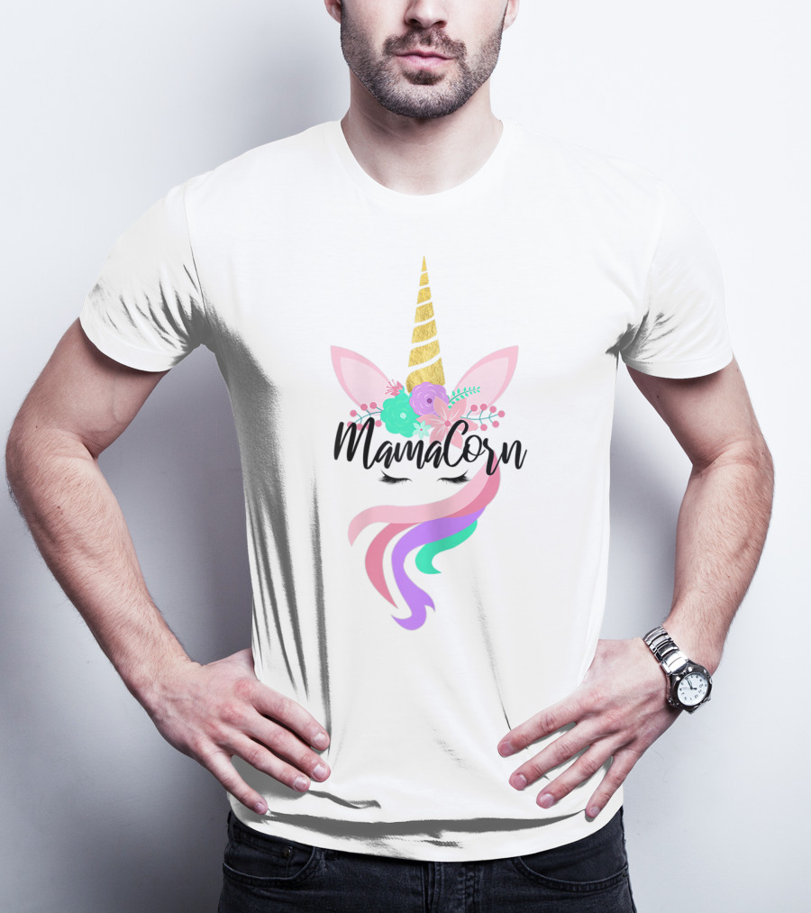 Mamacorn Cute Unicorn Gold Horn Floral Ears Rainbow Mane T-Shirt