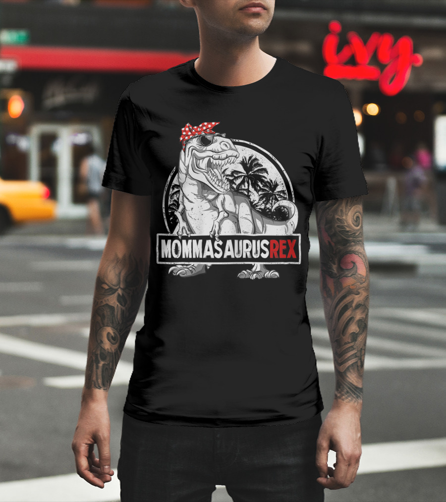 Mommasaurus Rex Dinosaur With Red Bandana And Palm Trees T-Shirt