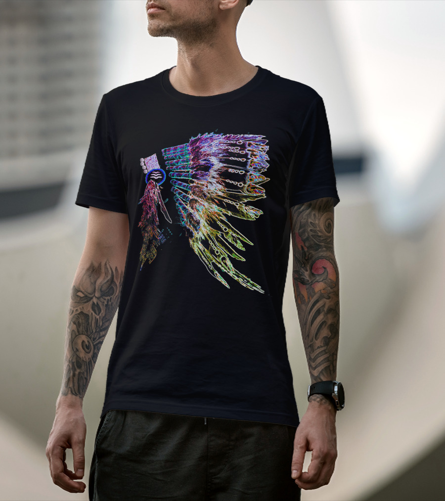 NATIVE AMERICAN HEADDRESS COLORFUL FEATHER NEON T-Shirt