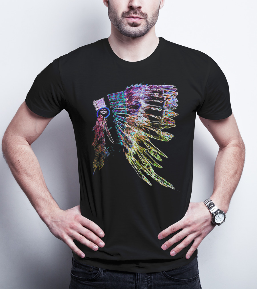 NATIVE AMERICAN HEADDRESS COLORFUL FEATHER NEON T-Shirt