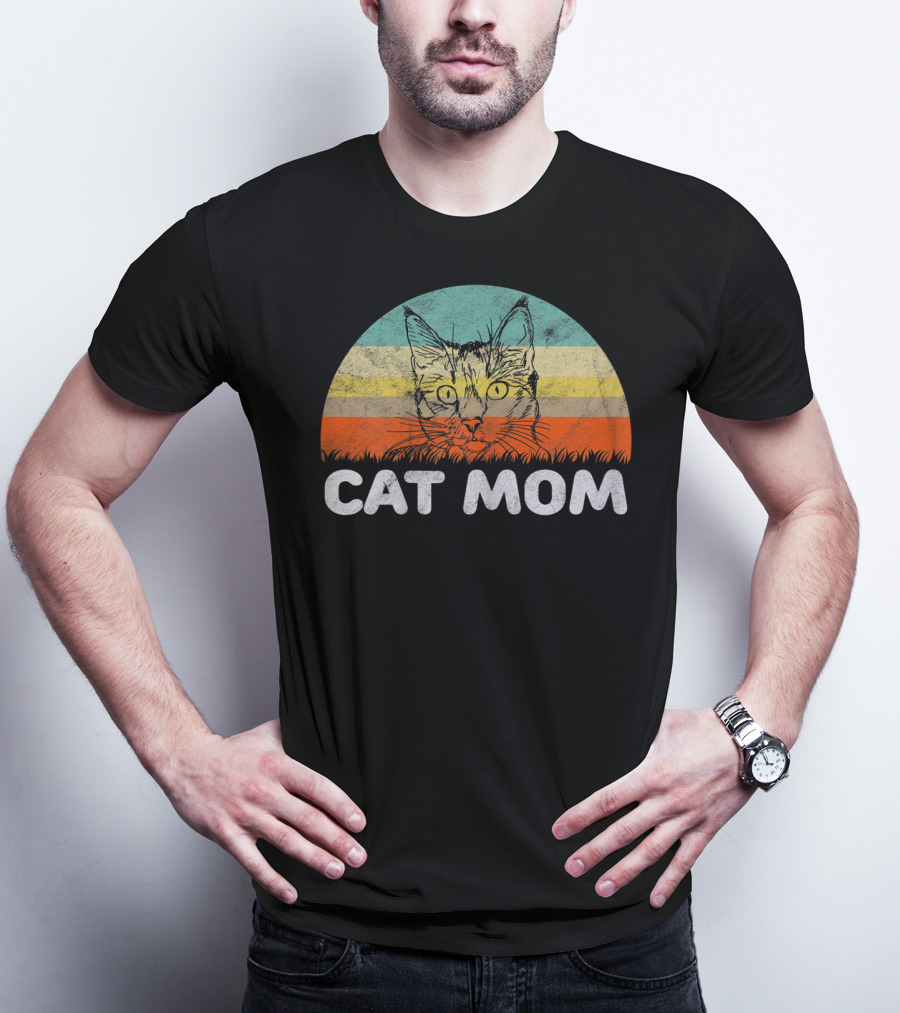 Retro Style Cat Mom With Vintage Sunset Stripes T-Shirt